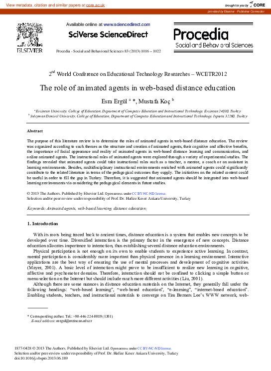 (PDF) The Role of Animated Agents in Web-based Distance Education