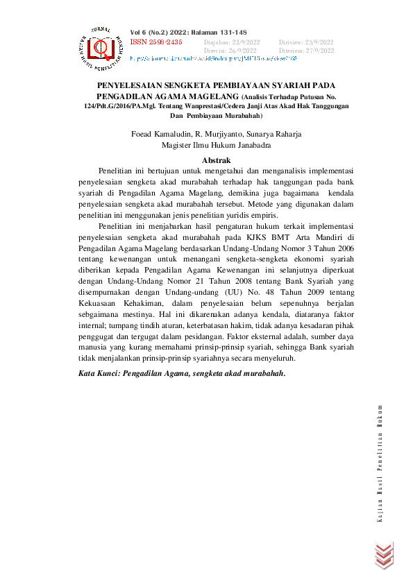 (PDF) PENYELESAIAN SENGKETA PEMBIAYAAN SYARIAH PADA PENGADILAN AGAMA MAGELANG (Analisis Terhadap ...