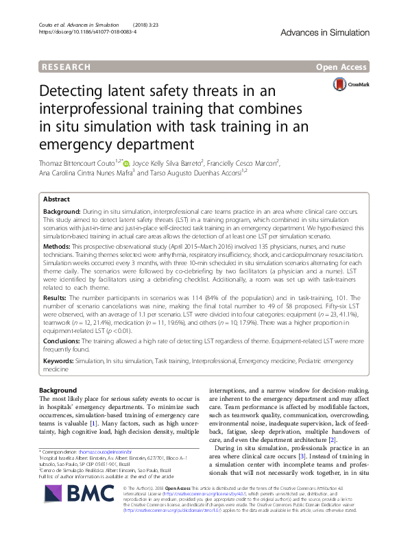(PDF) Detecting latent safety threats in an interprofessional training that combines in situ ...