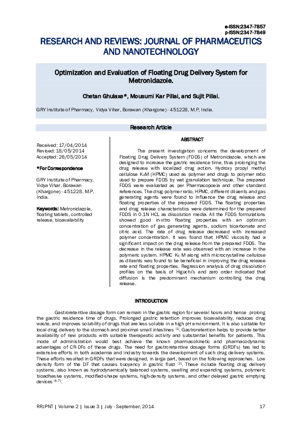 Pdf Optimization And Evaluation Of Floating Drug Delivery System For Metronidazole