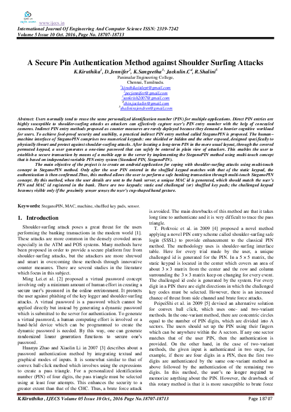(PDF) A Secure Pin Authentication Method against Shoulder Surfing Attacks