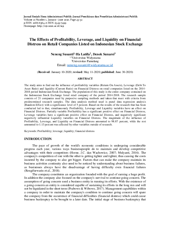(PDF) The Effects of Profitability, Leverage, and Liquidity on Financial Distress on Retail ...