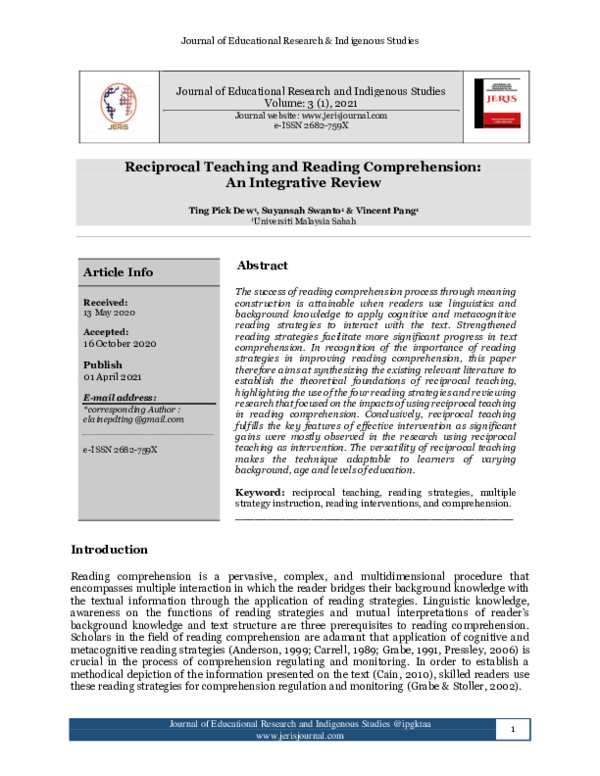 (PDF) Reciprocal Teaching and Reading Comprehension: An Integrative Review