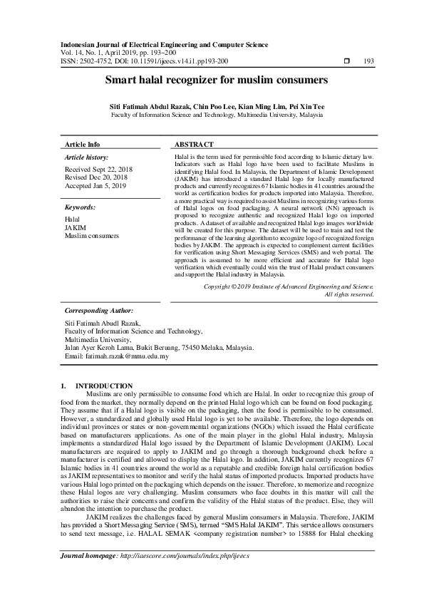 (PDF) Smart halal recognizer for muslim consumers