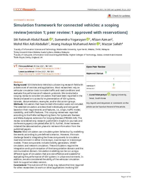 Pdf Simulation Framework For Connected Vehicles A Scoping Review
