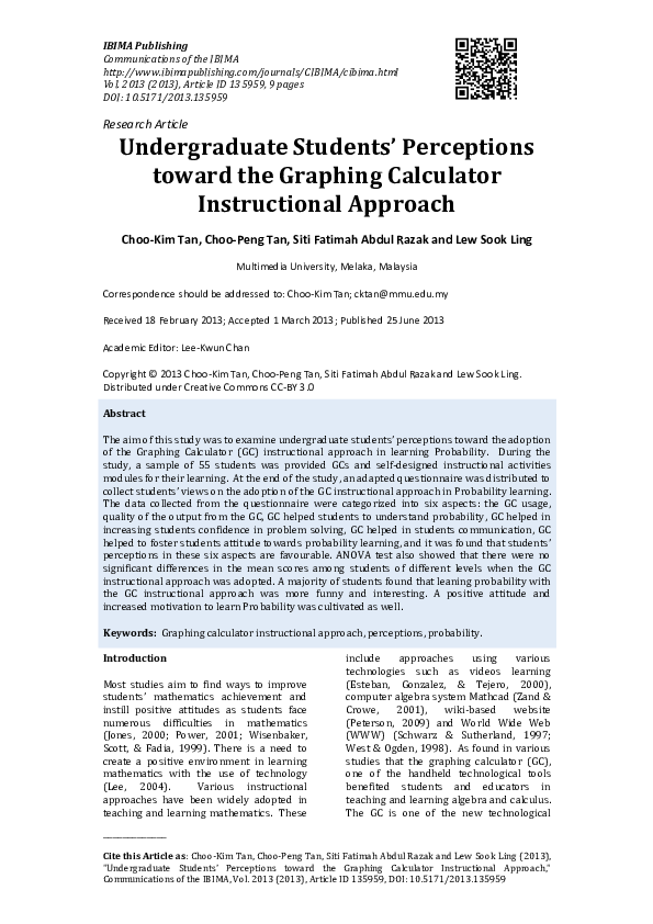 (PDF) Undergraduate Students’ Perceptions toward the Graphing Calculator Instructional Approach