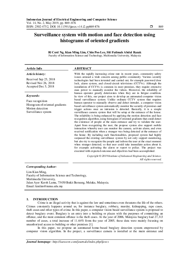 Pdf Surveillance System With Motion And Face Detection Using Histograms Of Oriented Gradients 