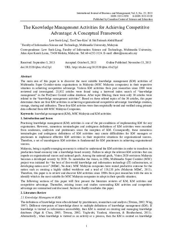 (PDF) The Knowledge Management Activities for Achieving Competitive Advantage: A Conceptual ...