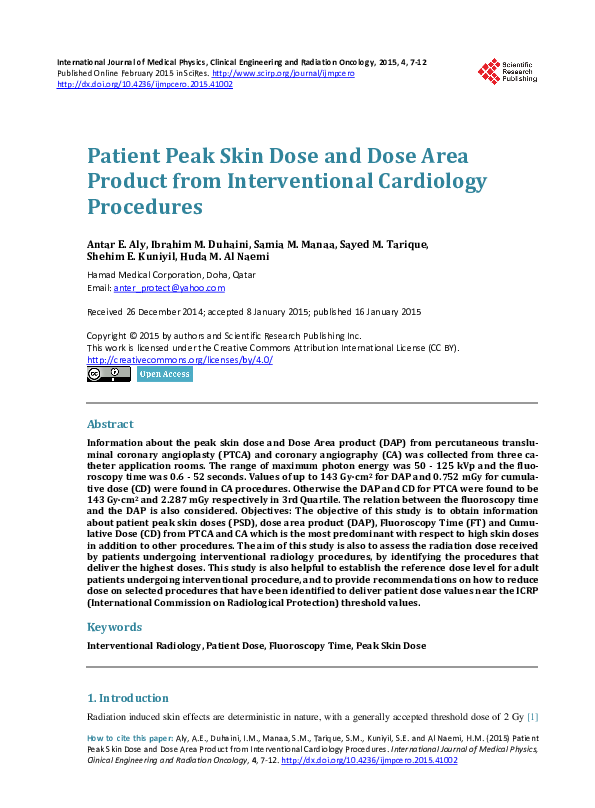 (PDF) Patient Peak Skin Dose and Dose Area Product from Interventional ...