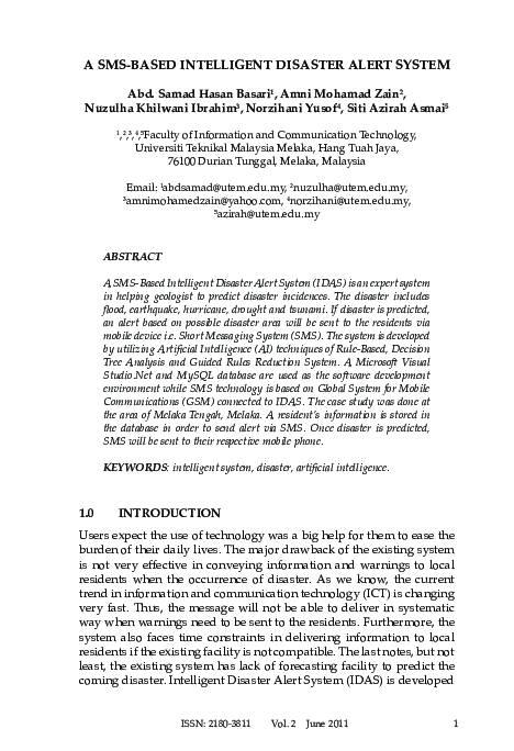 (PDF) A SMS-Based Intelligent Disaster Alert System 1 A SMS-BASed IntellIgent dISASter Alert SySteM