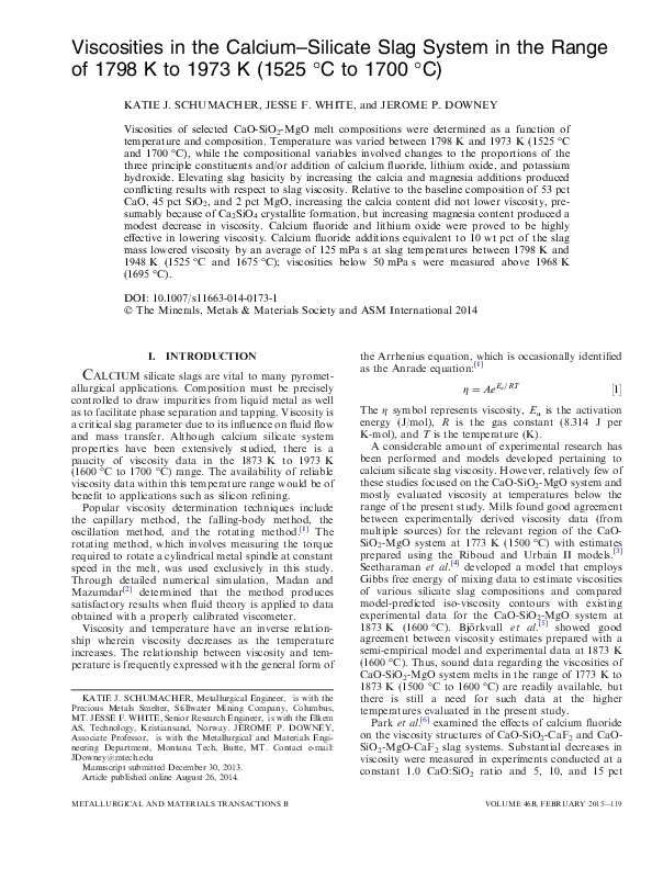 (PDF) Viscosities in the Calcium–Silicate Slag System in the Range of ...