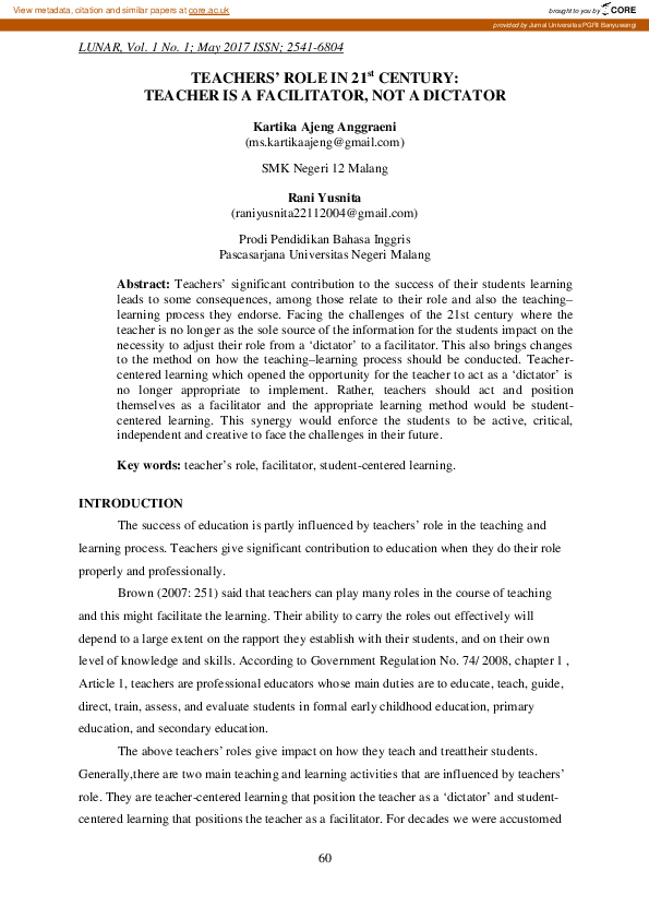 (PDF) TEACHERS’ ROLE IN 21st CENTURY: TEACHER IS A FACILITATOR, NOT A ...