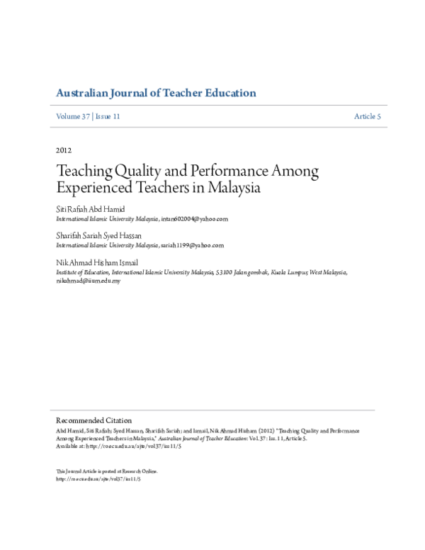 (PDF) Teaching Quality and Performance Among Experienced Teachers in ...