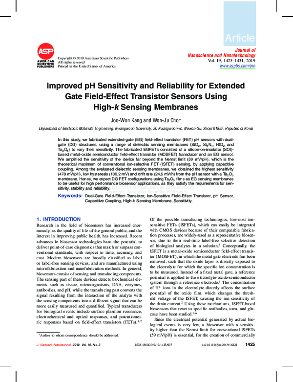 Pdf Improved Ph Sensitivity And Reliability For Extended Gate Field Effect Transistor Sensors