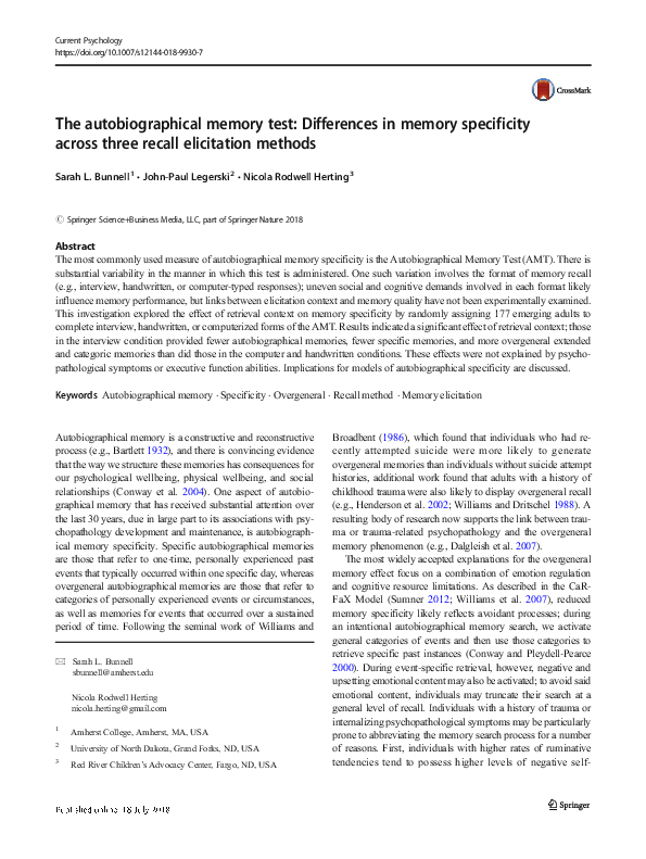 (PDF) The autobiographical memory test: Differences in memory ...