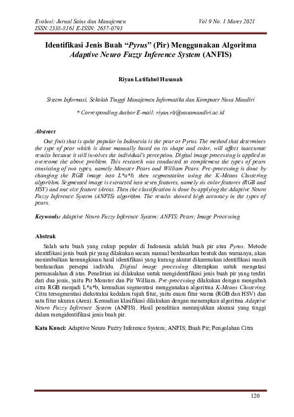 (PDF) Identifikasi Jenis Buah "Pyrus" (Pir) Menggunakan Algoritma Adaptive Neuro Fuzzy Inference ...