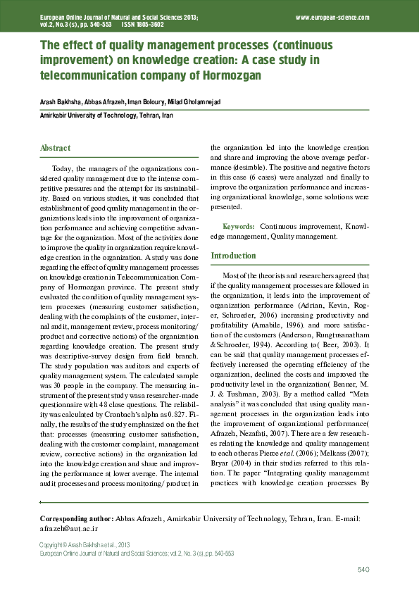 (PDF) The effect of quality management processes (continuous ...