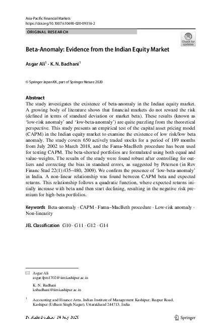 (PDF) Beta-Anomaly: Evidence from the Indian Equity Market