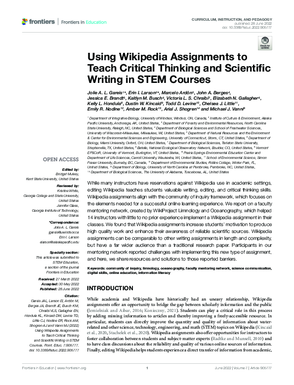 (PDF) Using Wikipedia Assignments to Teach Critical Thinking and Scientific Writing in STEM Courses