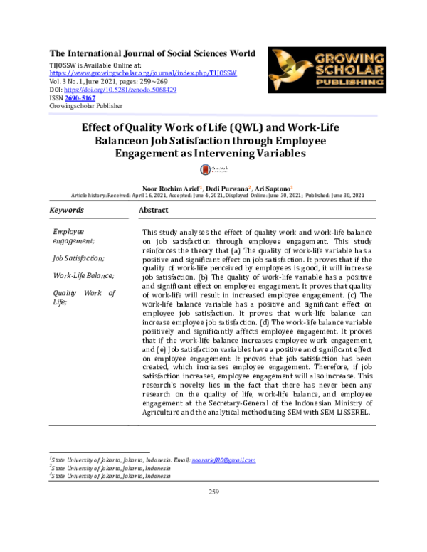 (PDF) Effect of Quality Work of Life (QWL) and Work-Life Balance on Job ...