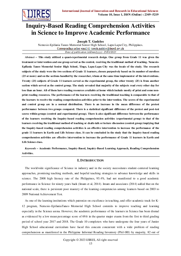 (PDF) Inquiry-Based Reading Comprehension Activities in Science to Improve Academic Performance