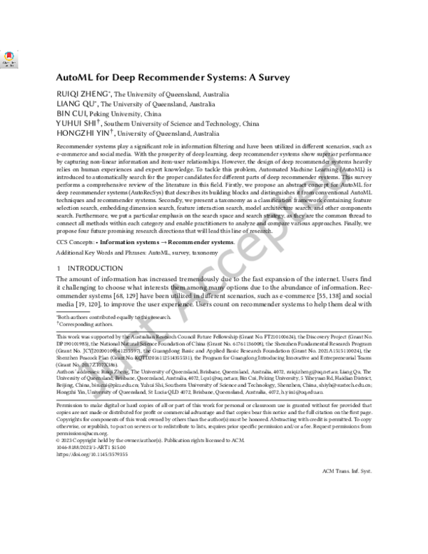 Pdf Automl For Deep Recommender Systems A Survey