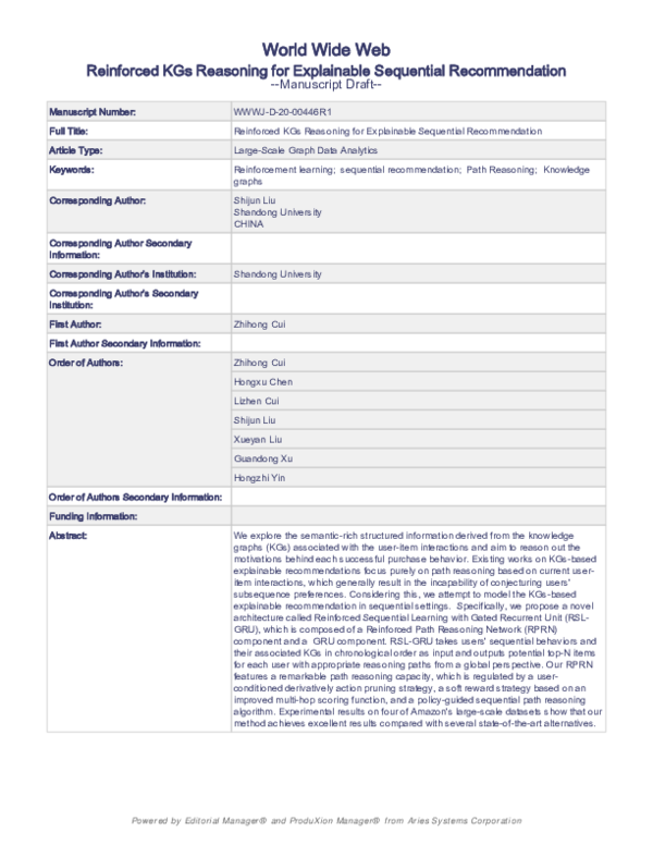 Pdf Reinforced Kgs Reasoning For Explainable Sequential Recommendation 