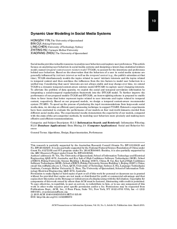 Pdf Dynamic User Modeling In Social Media Systems Hongzhi Yin 