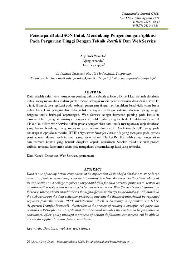 (PDF) Penerapan Data JSON Untuk Mendukung Pengembangan Aplikasi Pada ... (PDF) Penerapan Data JSON Untuk Mendukung Pengembangan Aplikasi Pada ...