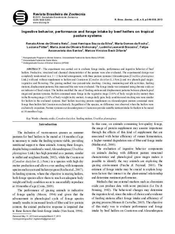 (PDF) Ingestive behavior, performance and forage intake by beef heifers ...