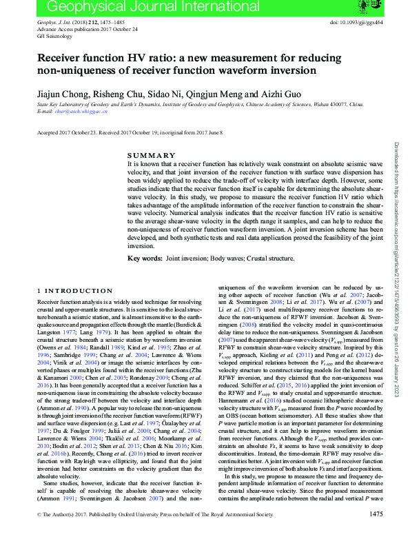(PDF) Receiver function HV ratio: a new measurement for reducing non-uniqueness of receiver ...