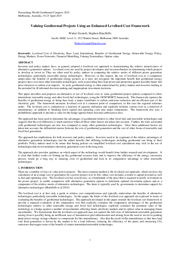 (PDF) Valuing Geothermal Projects Using an Enhanced Levelised Cost ...
