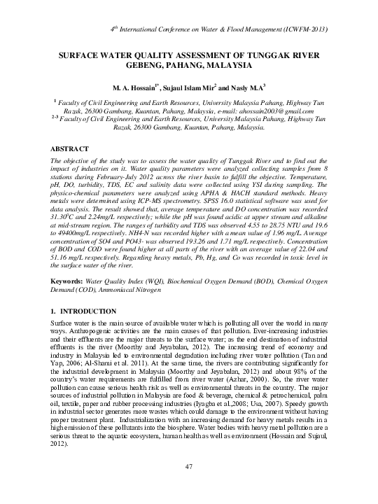 (PDF) Surface Water Quality Assessment of Tunggak River Gebeng, Pahang, Malaysia