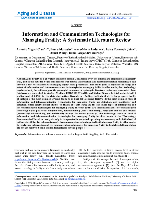 (PDF) Information and Communication Technologies for Managing Frailty: A Systematic Literature ...
