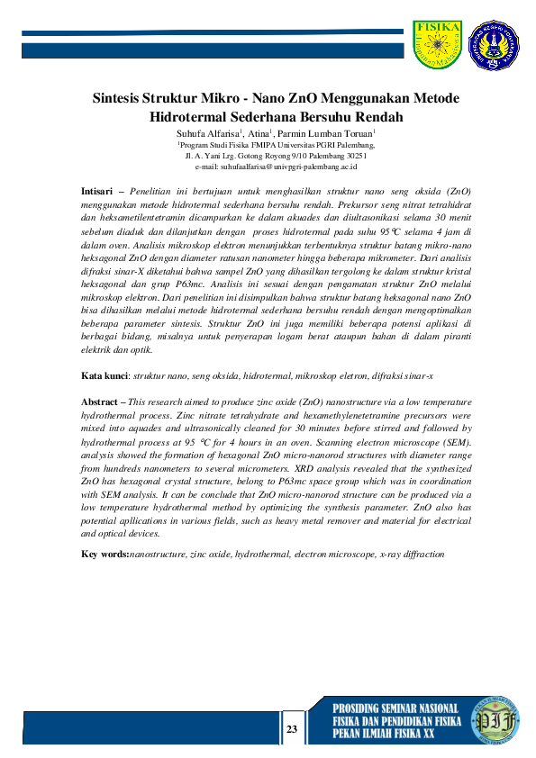 (PDF) Sintesis Struktur Mikro - Nano Zno Menggunakan Metode Hidrotermal ...
