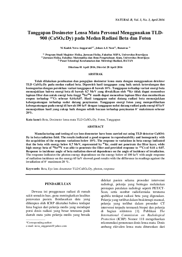 (PDF) Tanggapan Dosimeter Lensa Mata Personal Menggunakan TLD-900 ...