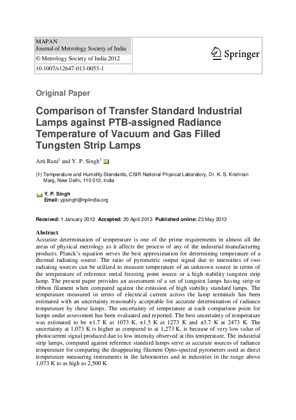 (PDF) Comparison of Transfer Standard Industrial Lamps against PTB ...