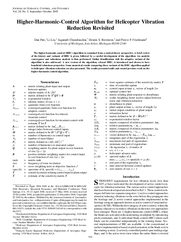 (PDF) Higher-Harmonic-Control Algorithm for Helicopter Vibration Reduction Revisited
