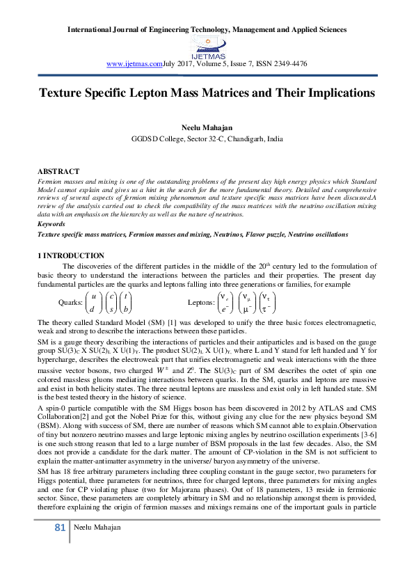 (PDF) Texture Specific Lepton Mass Matrices and Their Implications