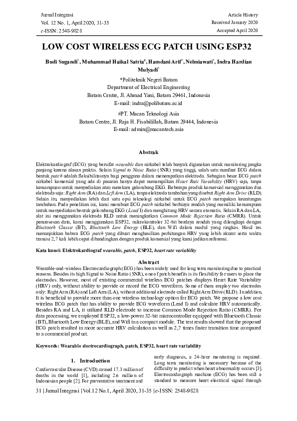 (PDF) Low Cost Wireless Ecg Patch Using ESP32