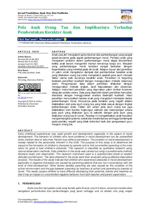 (PDF) Pola Asuh Orang Tua dan Implikasinya Terhadap Pembentukan Karakter Anak