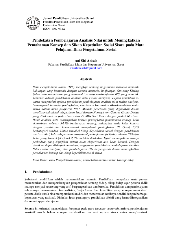 (PDF) Pendekatan Pembelajaran Analisis Nilai untuk Meningkatkan Pemahaman Konsep dan Sikap ...
