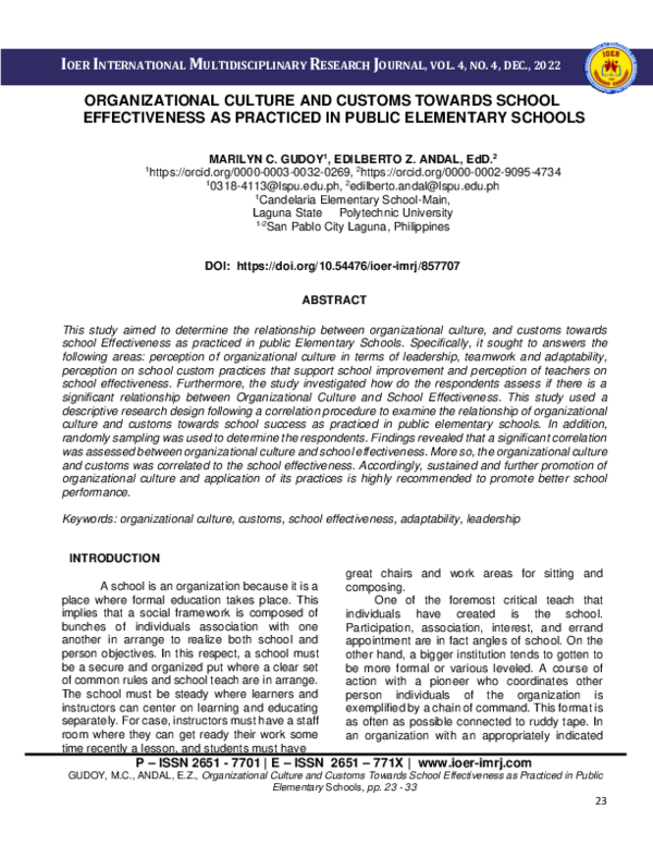 (PDF) ORGANIZATIONAL CULTURE AND CUSTOMS TOWARDS SCHOOL EFFECTIVENESS AS PRACTICED IN PUBLIC ...