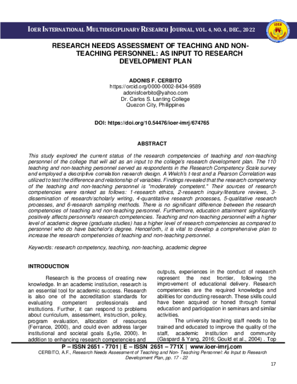(PDF) RESEARCH NEEDS ASSESSMENT OF TEACHING AND NON-TEACHING PERSONNEL ...