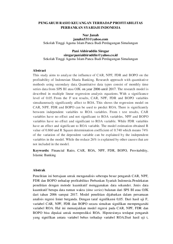 (PDF) Pengaruh Rasio Keuangan Terhadap Profitabilitas Perbankan Syariah Indonesia
