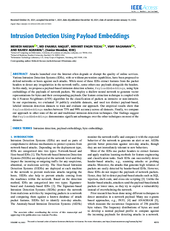 (PDF) Intrusion Detection Using Payload Embeddings