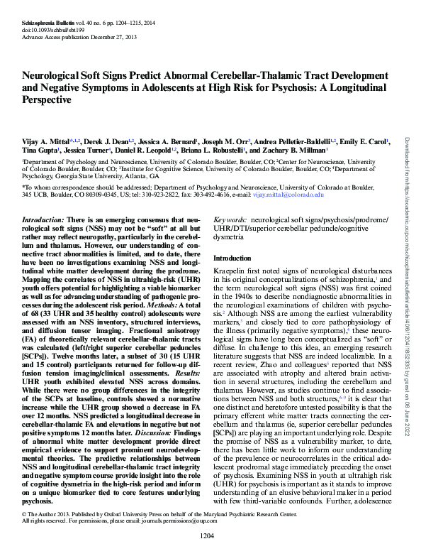 (PDF) Neurological Soft Signs Predict Abnormal Cerebellar-Thalamic Tract Development and ...