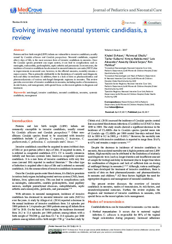 (PDF) Evolving Invasive Neonatal Systemic Candidiasis, a Review