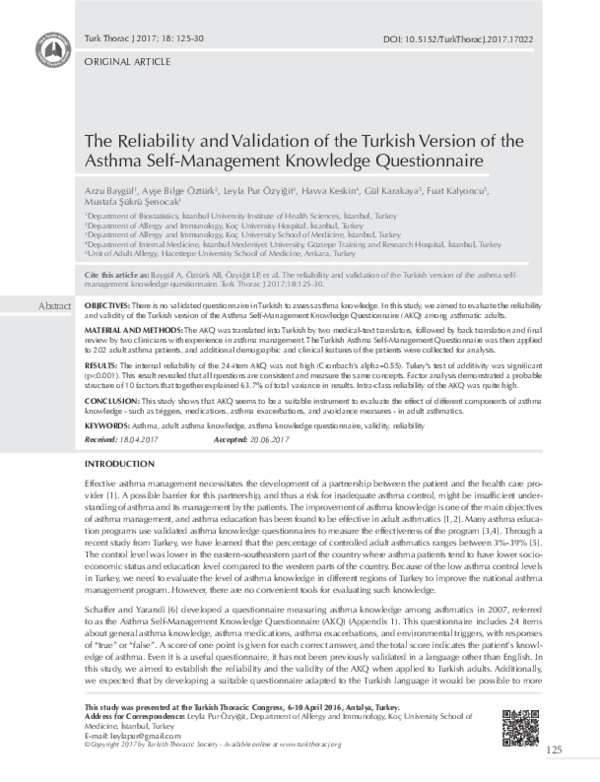 (PDF) The Reliability and Validation of the Turkish Version of the Asthma Self-Management ...