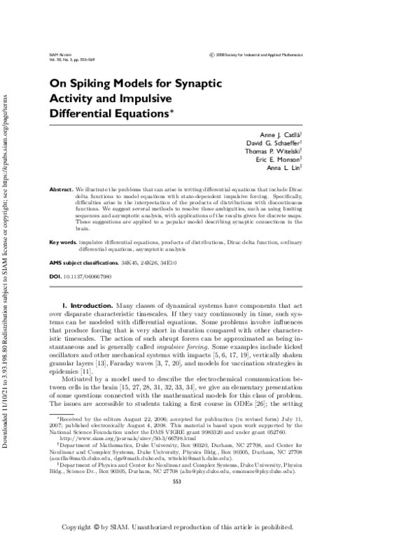 (PDF) On spiking models for synaptic activity and impulsive ...